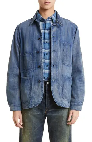 Double Rl Indigo Stripe Twill Engineer Coat In Faded Indigo Stripe